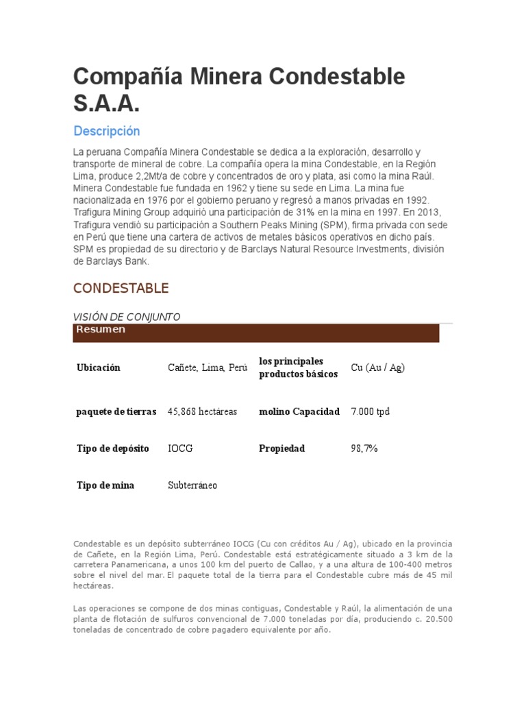 Minera Condestable: Cobre y Metales en Perú | PDF | Minería | Cobre