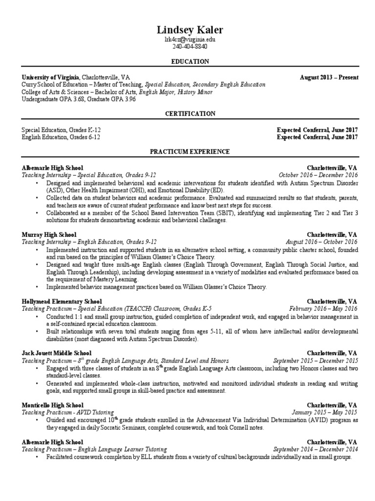 Lindseykaler Resume | PDF | Special Education | Autism Spectrum