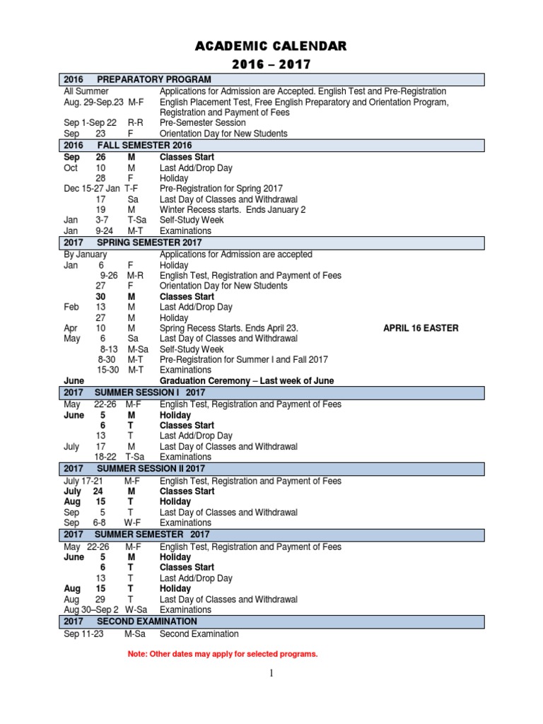 Academic Calendar 2016-2017 | PDF