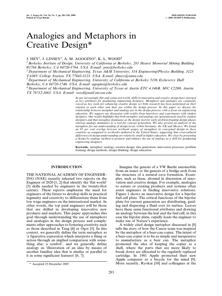 Analogies and Metaphors in Creative Design | PDF | Analogy | Metaphor
