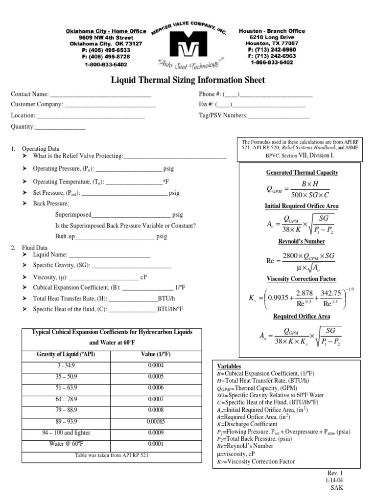 Mercer PSV Thermal Sizing Guide | PDF | Pressure | Heat Capacity