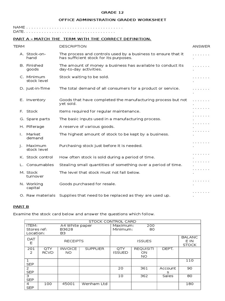 Grade 12 Office Administration Graded Worksheet | PDF | Stocks ...