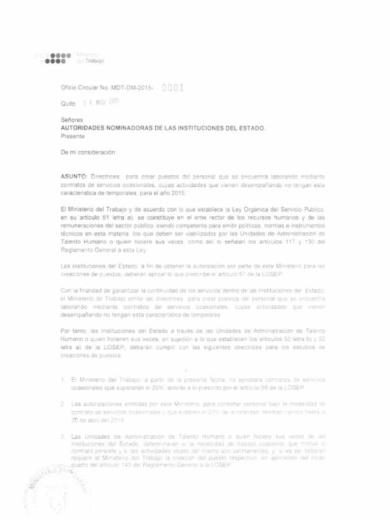 Oficio Circular MDT DM 2015 0001 | PDF