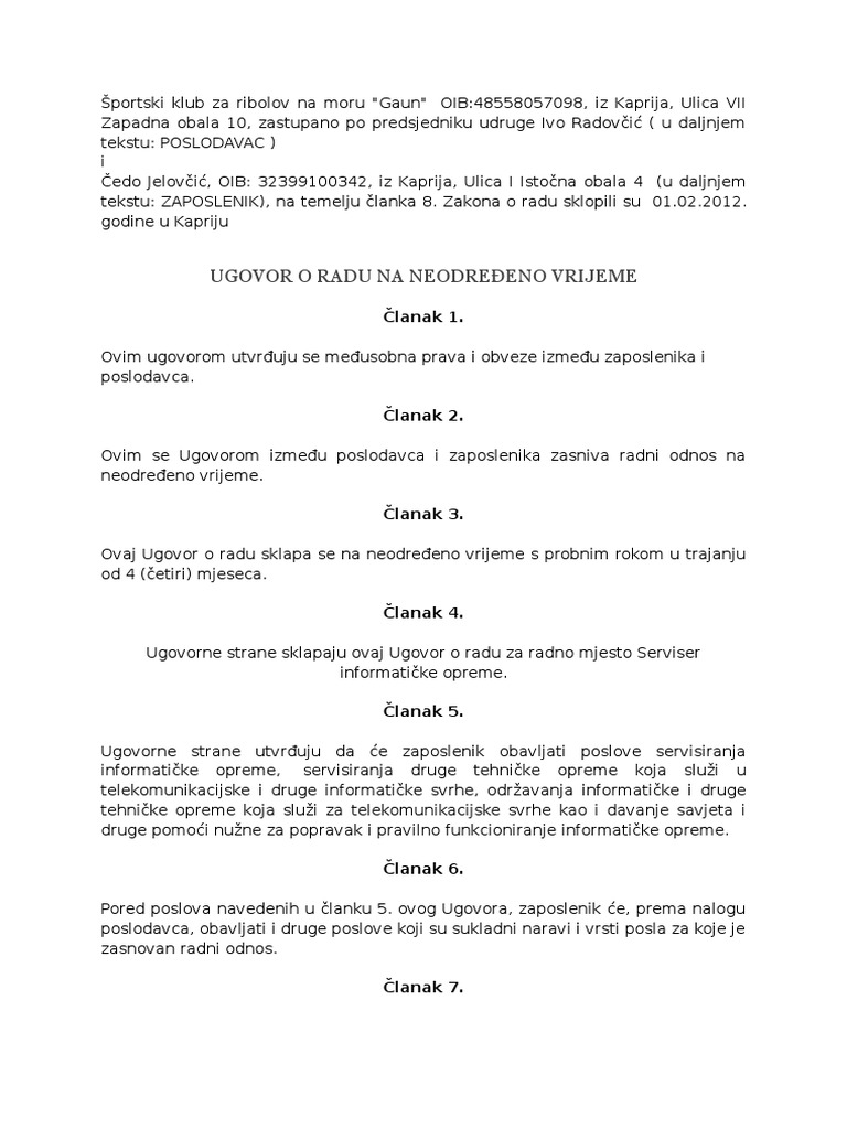 Ugovor o Radu Na Neodređeno Vrijeme | PDF