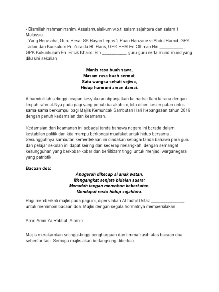 Teks MC Majlis Penutupan Bulan Kemerdekaan 2016 SKBL2 | PDF