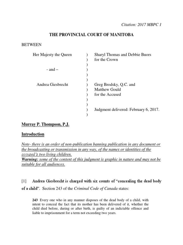 Judge Murray Thompson's Written Verdict in Andrea Giesbrecht Case | PDF ...