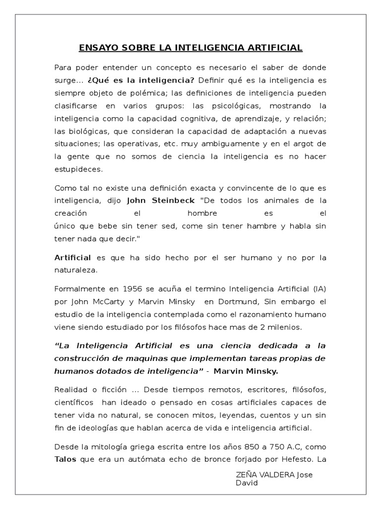 Ensayo Sobre La Inteligencia Artificial | PDF | Inteligencia artificial | Inteligencia (IA) y ...