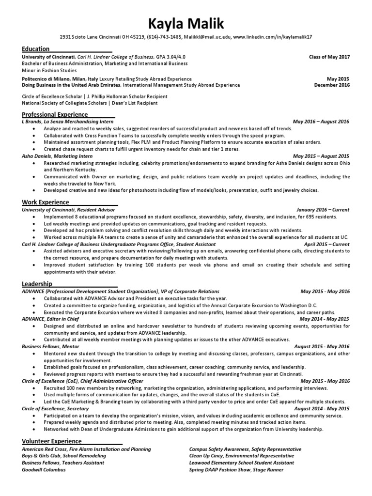 Kayla Malik Resume February 2017 | PDF | Mentorship | Business