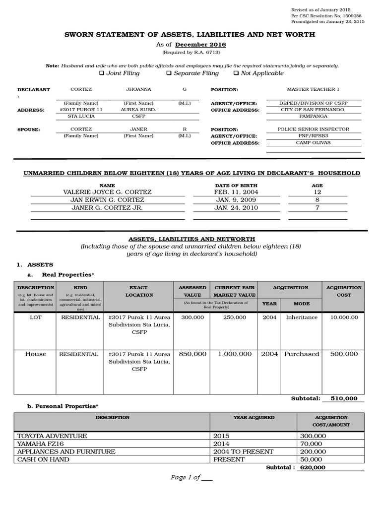 2015 SALN Form.doc | Identity Document | Economies