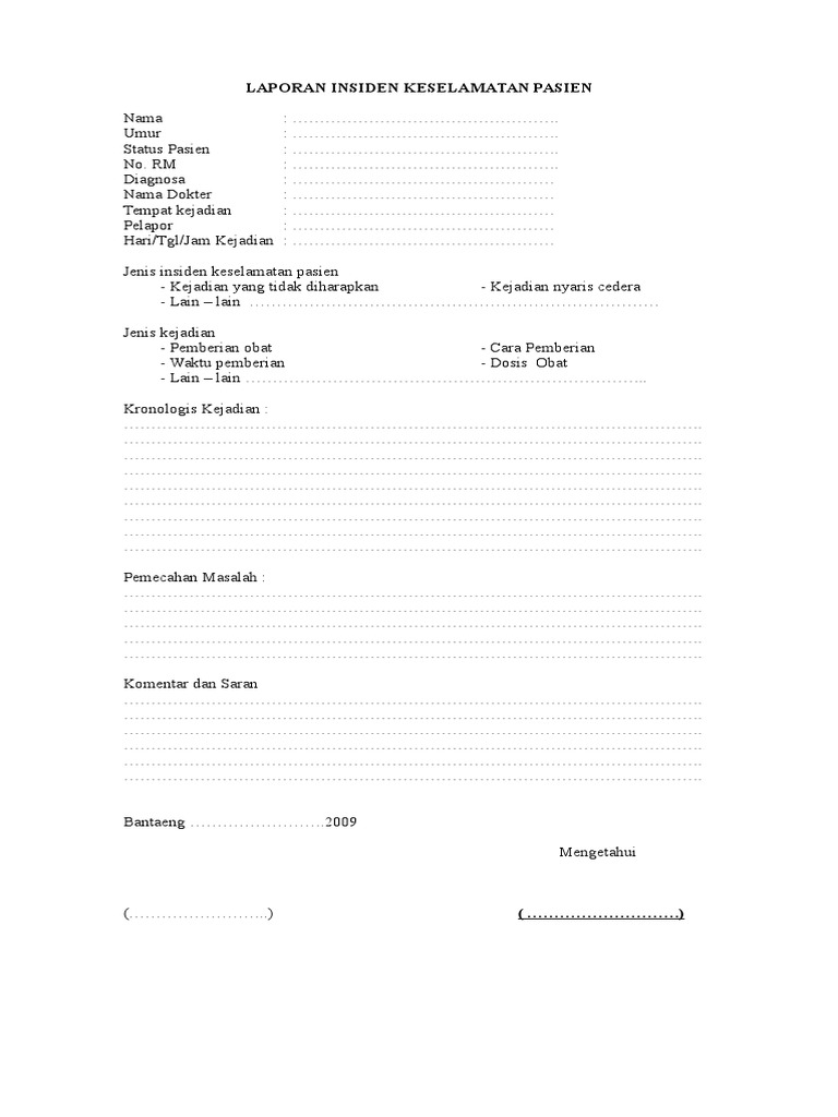 Contoh Laporan Insiden Keselamatan Pasien Di Rumah Sakit | PDF