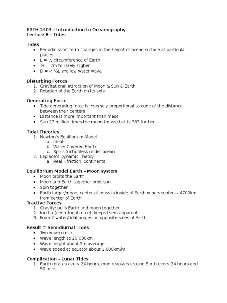ERTH 2403 - Introduction To Oceanography Lecture 8 - Tides Tides | PDF | Tide | Estuary