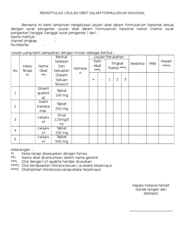 Rekapitulasi Usulan Obat Dalam Formularium Nasional Pdf