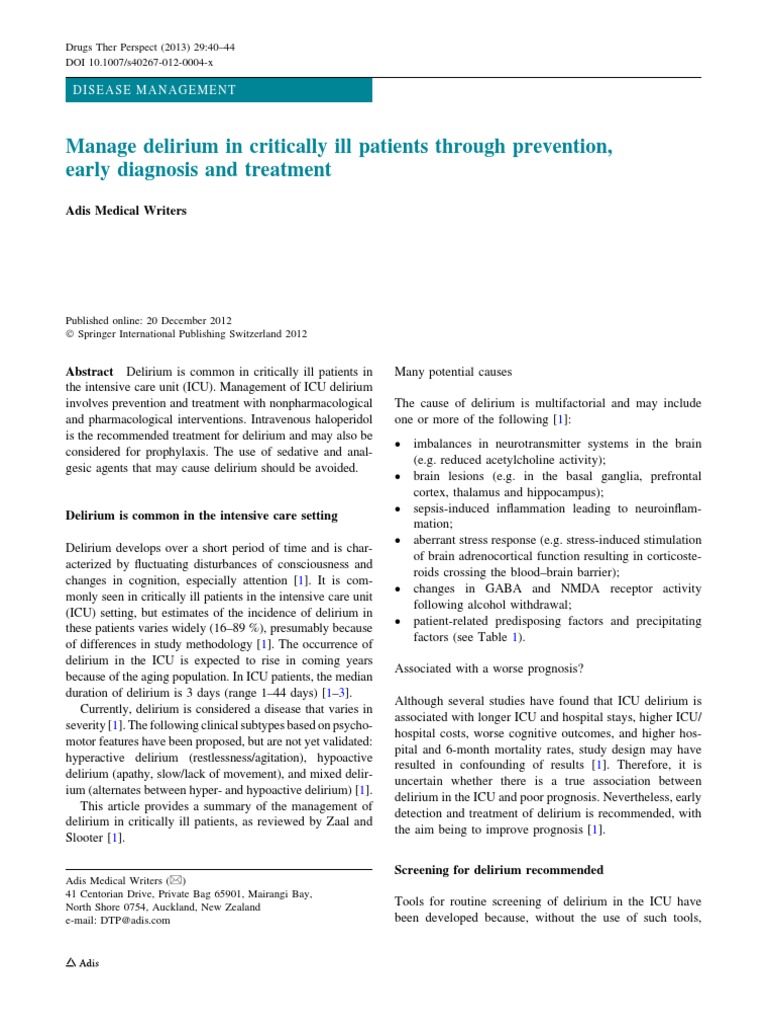 Manage Delirium in Critically Ill Patients Through Prevention, Early ...