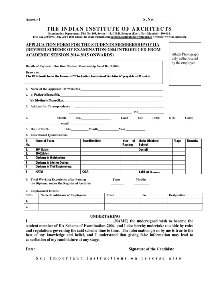 IIA Student Membership Application Form | PDF | Architect | Diploma