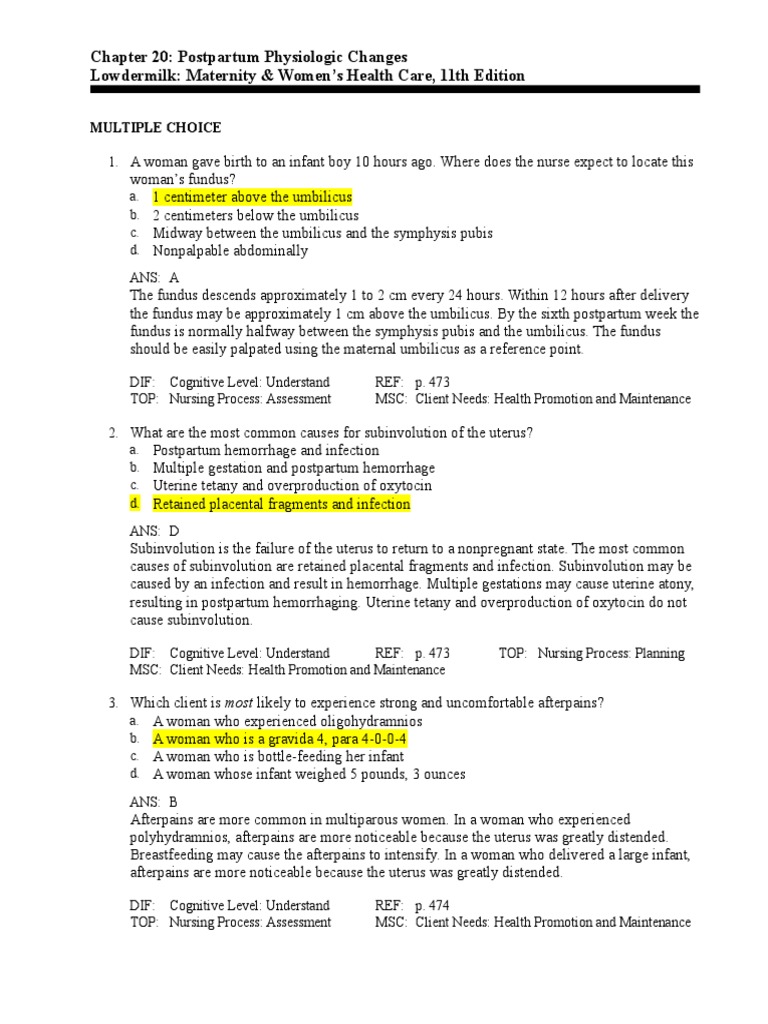 Chapter 20- Postpartum Physiologic Changes | Childbirth | Postpartum Period