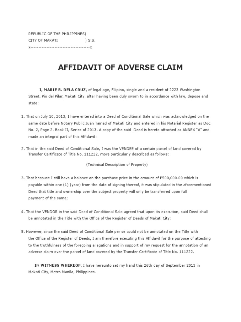 Affidavit of Adverse Claim | PDF | Affidavit | Makati