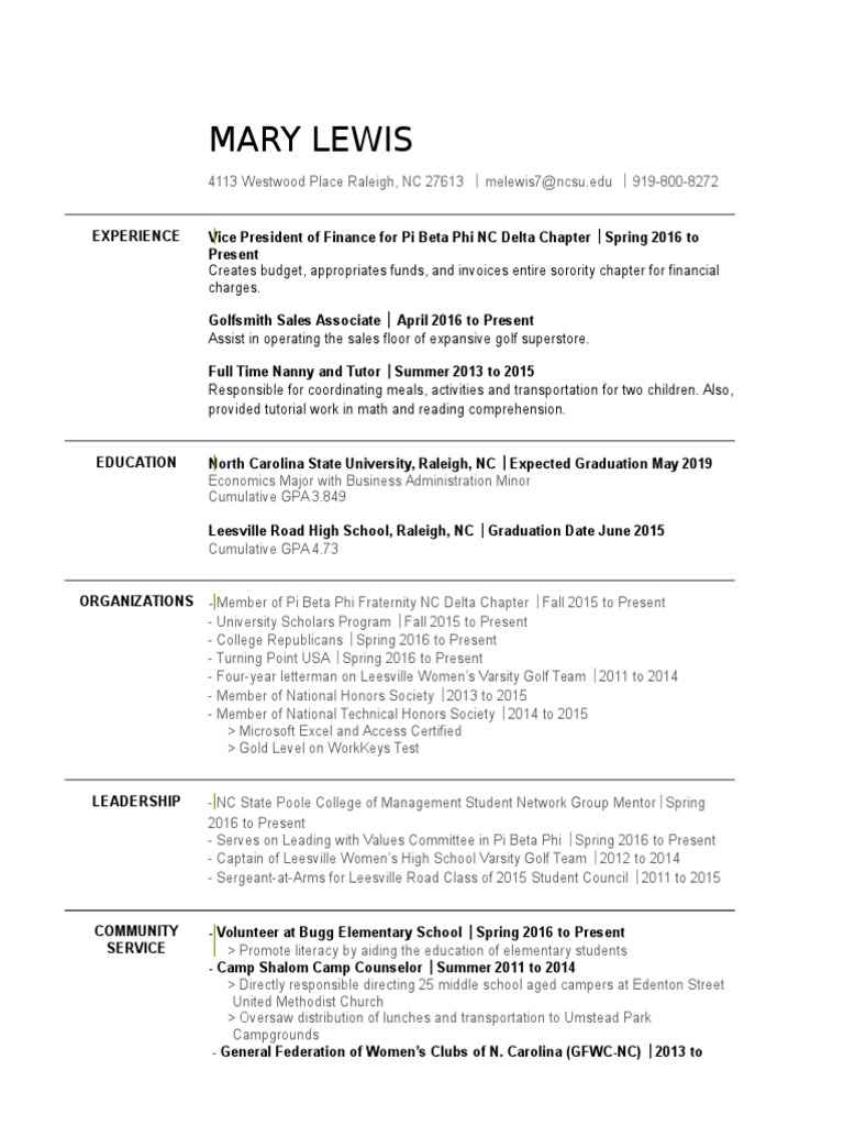 Mary Resume Updated | PDF | Fraternities And Sororities | North Carolina