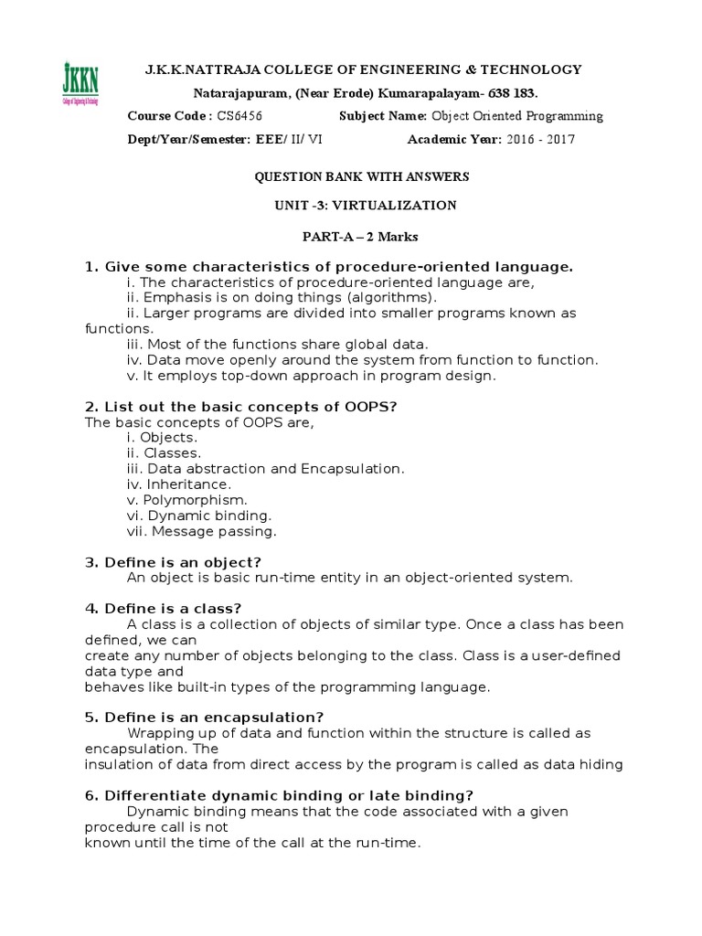 Cs6456-Oop Unit-I 2marks and 16marks | PDF | Object (Computer Science) | Object Oriented Programming