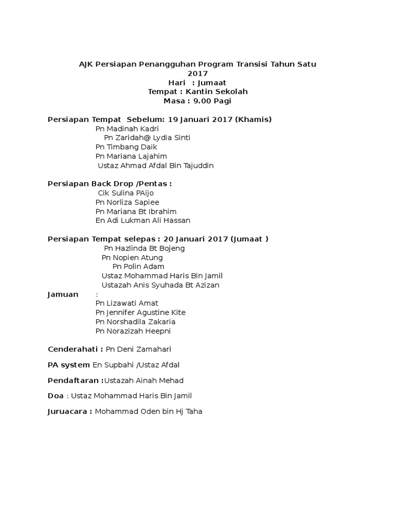 AJK Persiapan Penangguhan Program Transisi Tahun Satu | PDF