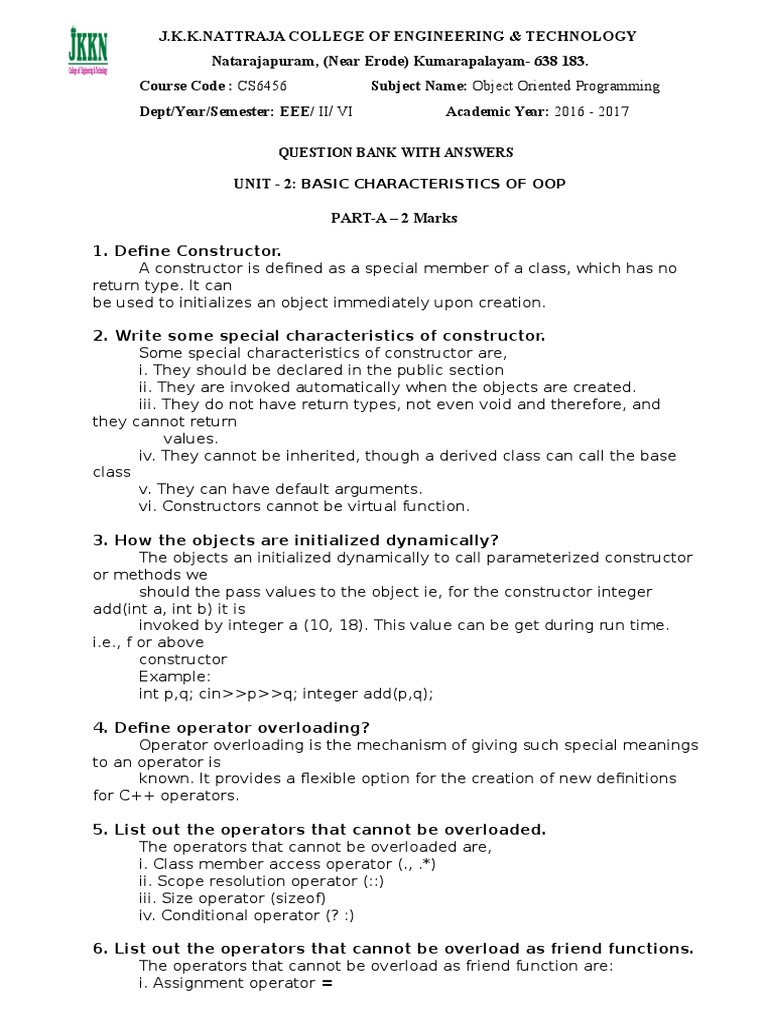 Cs6456-Oop Unit-II 2marks and 16marks | PDF | Constructor (Object Oriented Programming ...