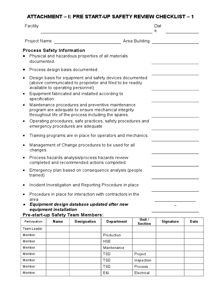 Attachment - I: Pre Start-Up Safety Review Checklist - 1 | PDF ...