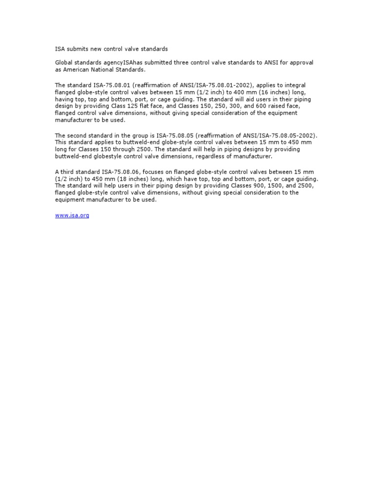 ISA Submits New Control Valve Standards | PDF