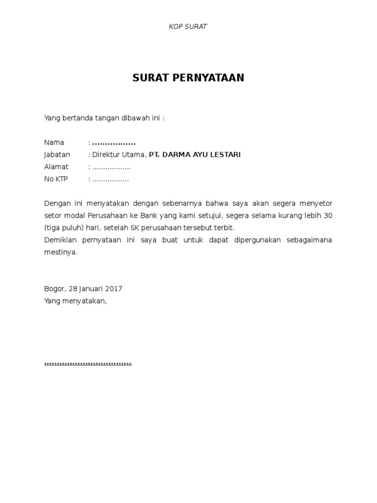 Surat Pernyataan - Penyetoran Modal Usaha | PDF