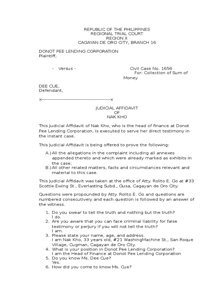 Sample Judicial Affidavit | PDF | Affidavit | Testimony