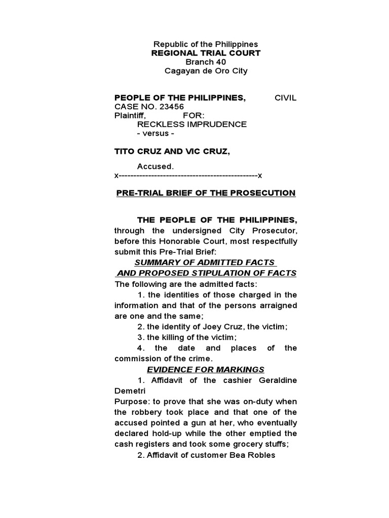 Civil Case Pre Trial Brief Sample | PDF | Prosecutor | Judiciaries