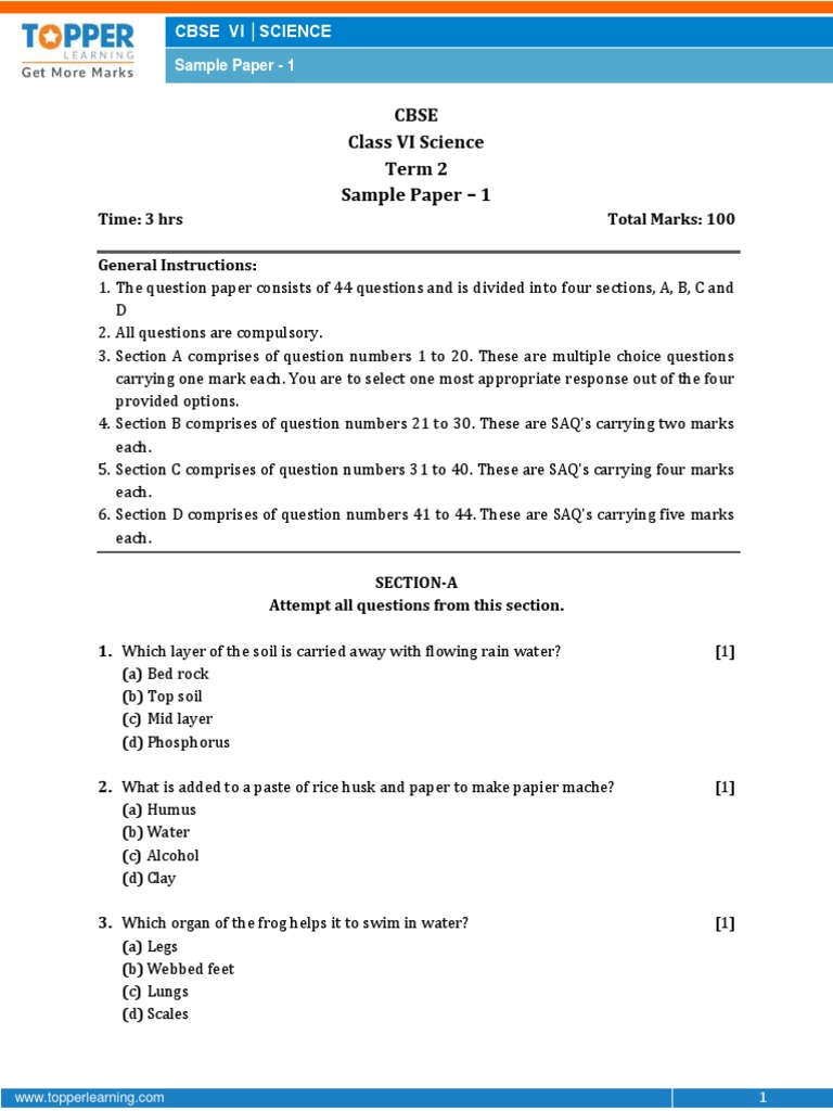 Cbse Class VI Science Term 2 Sample Paper - 1 | PDF | Solution | Carbon