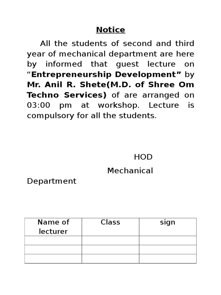 Notice: Name of Lecturer Class Sign | PDF