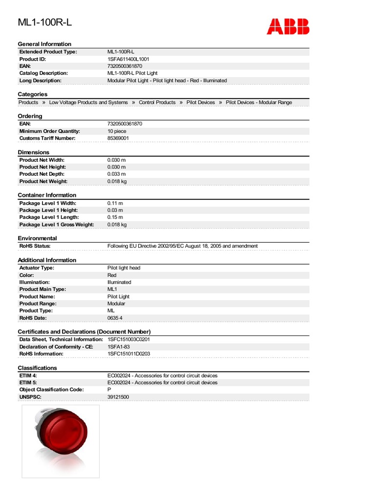 1SFA611400L1001 ml1 100r L Pilot Light | PDF | Electrical Engineering
