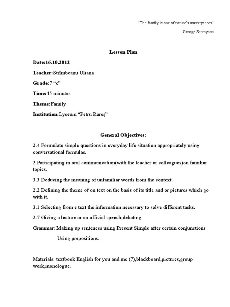 Lesson Plan Date:16.10.2012 Teacher:Strîmbeanu Uliana Grade:7 "C" Time ...