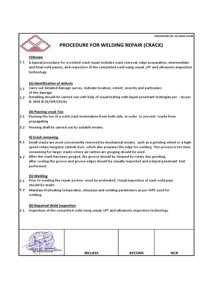 Crack Repair Welding Procedure | PDF