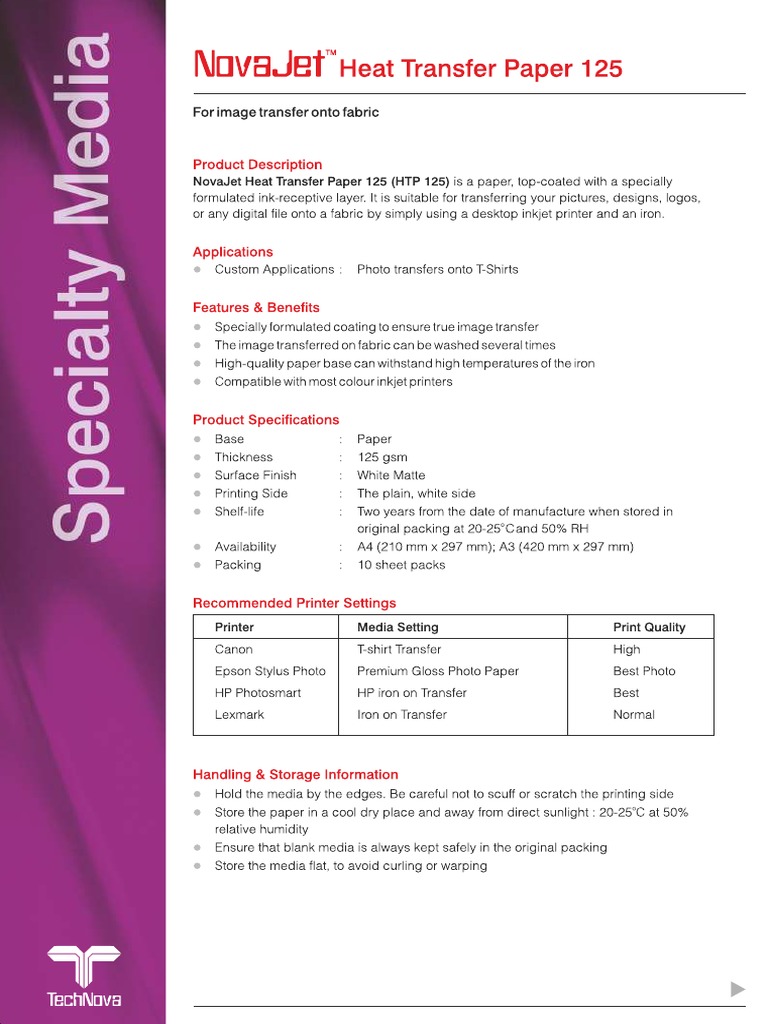 NovaJet Heat Transfer Paper 125 | PDF