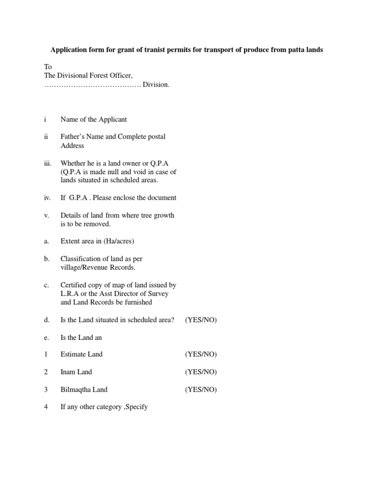 Application Form For Grant of Tranist Permits For Transport of Produce ...