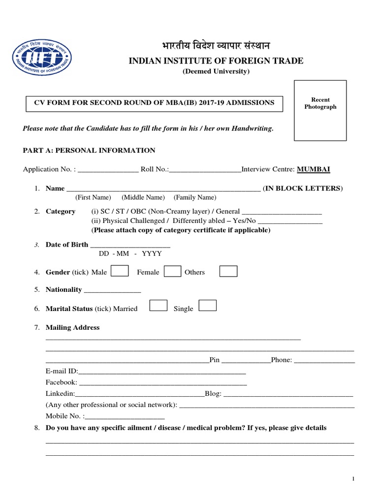IIFT Delhi CV Form | PDF | Academia | Communication