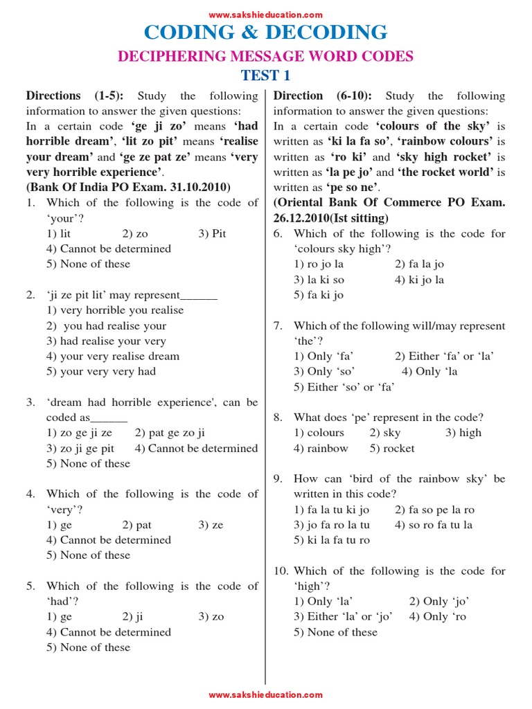 Coding Decoding Model3 Deciphering Message Word Codes Test1 Pdf