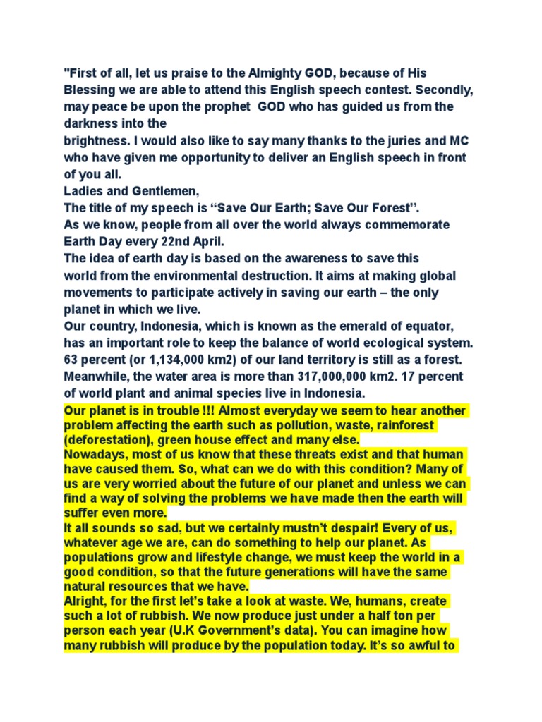 Speech English Contest Save Our Earth | Deforestation | Global Warming