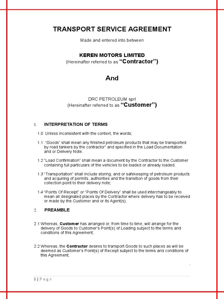 Transport Service Agreement | PDF | Indemnity | Law Of Agency