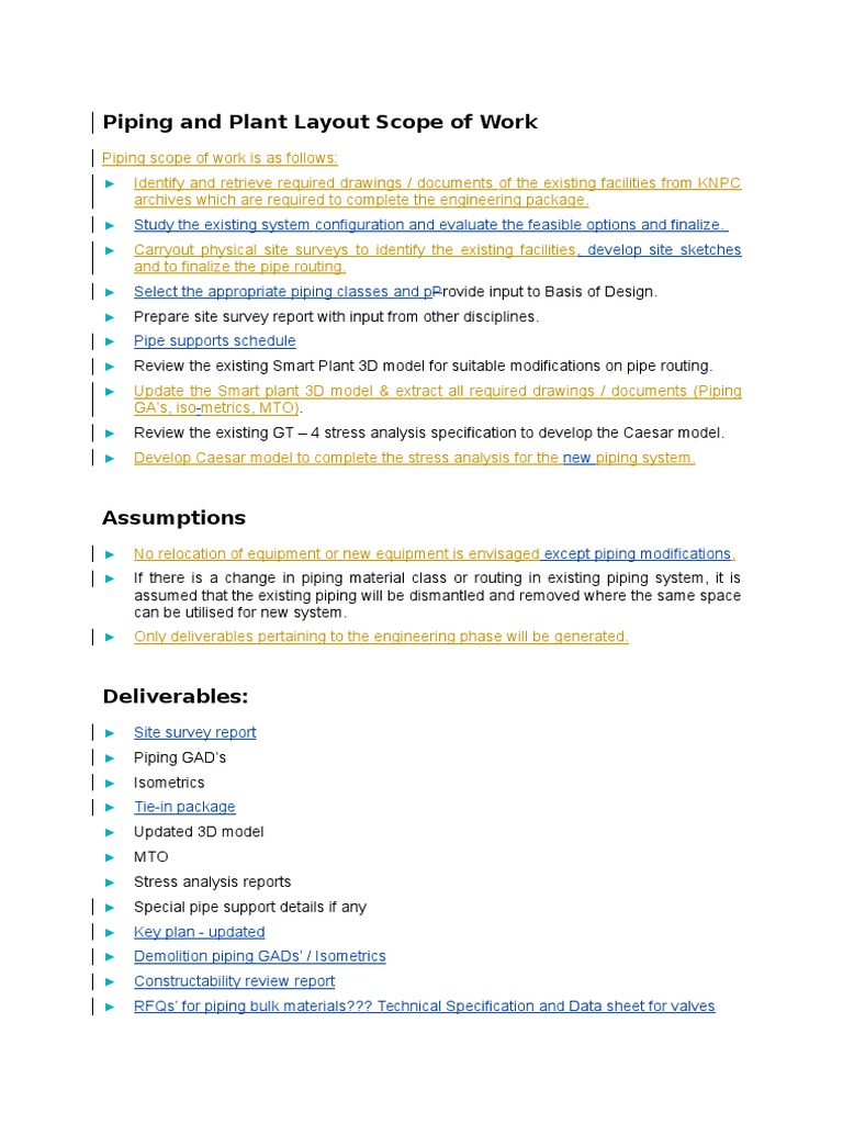 Piping and Plant Layout Scope of Work | PDF