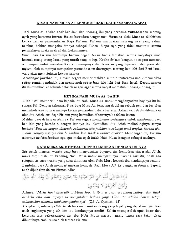 Kisah Nabi Musa As Lengkap Dari Lahir Sampai Wafat | PDF
