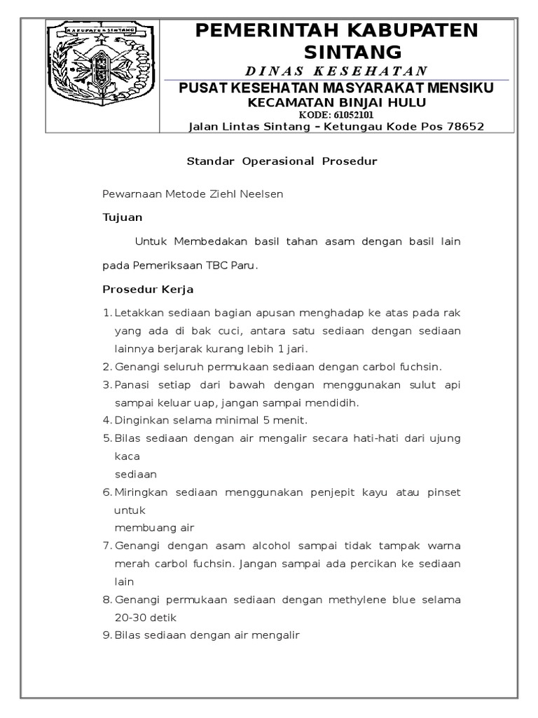 SOP 7 Pewarnaan Metode Ziehl Neelsen | PDF