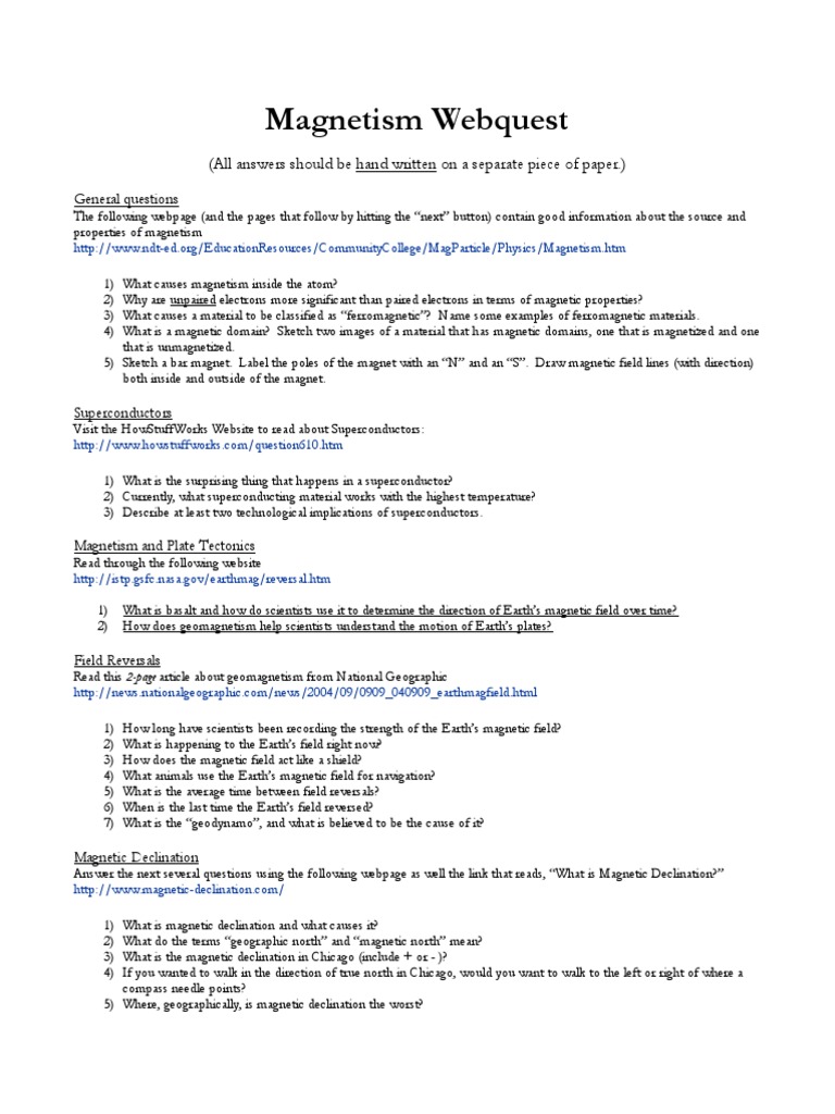Magnetism Webquest: (All Answers Should Be Hand Written On A Separate ...