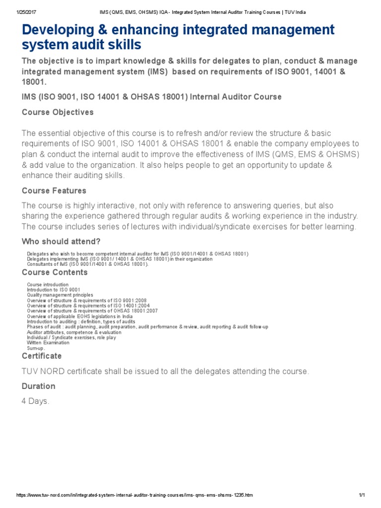 TUV Nord - IMS (QMS, EMS, OHSMS) IQA - Integrated System Internal Auditor Training Courses | PDF