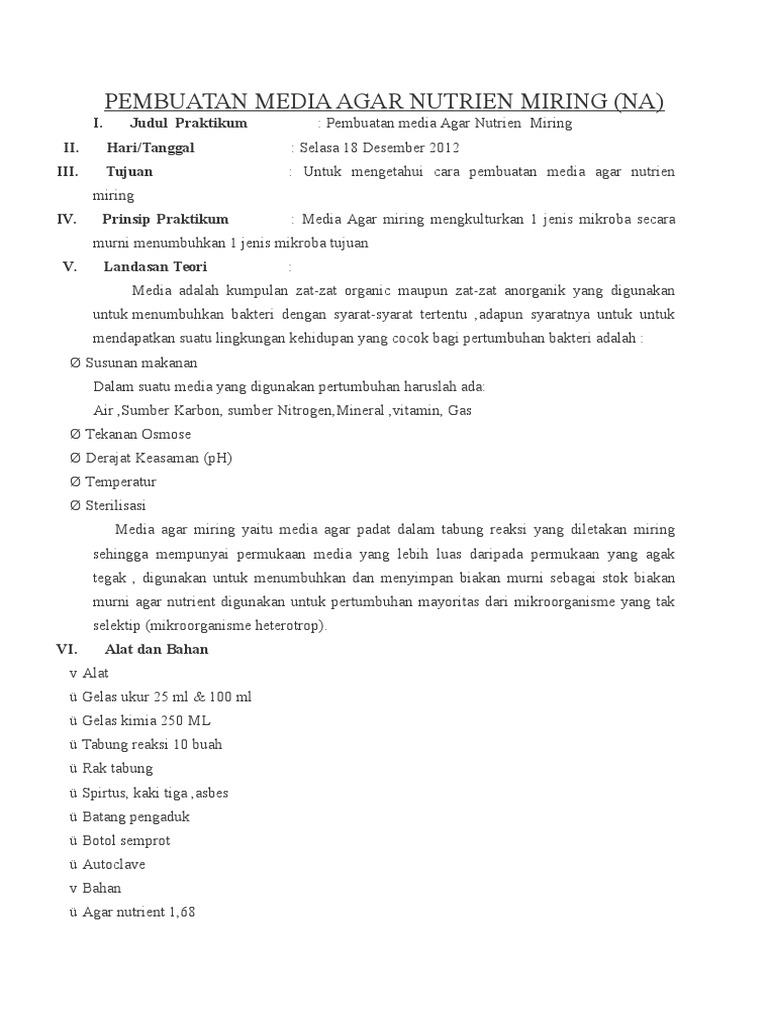 Pembuatan Media Agar Nutrien Miring | PDF