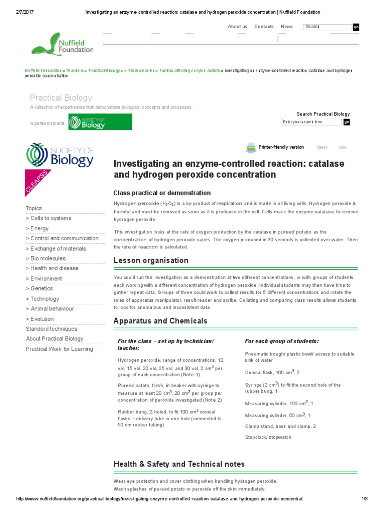 Investigating An Enzyme-Controlled Reaction - Catalase and Hydrogen ...
