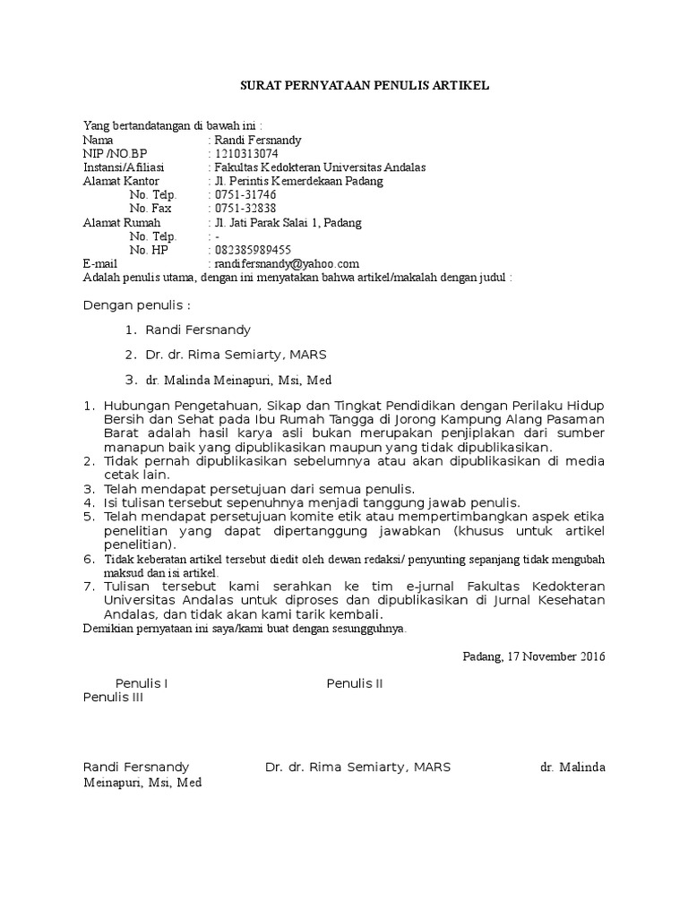 Surat Pernyataan Penulis Artikel RANDI | PDF