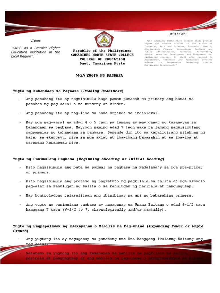 Mga Yugto Sa Pagbasa | PDF