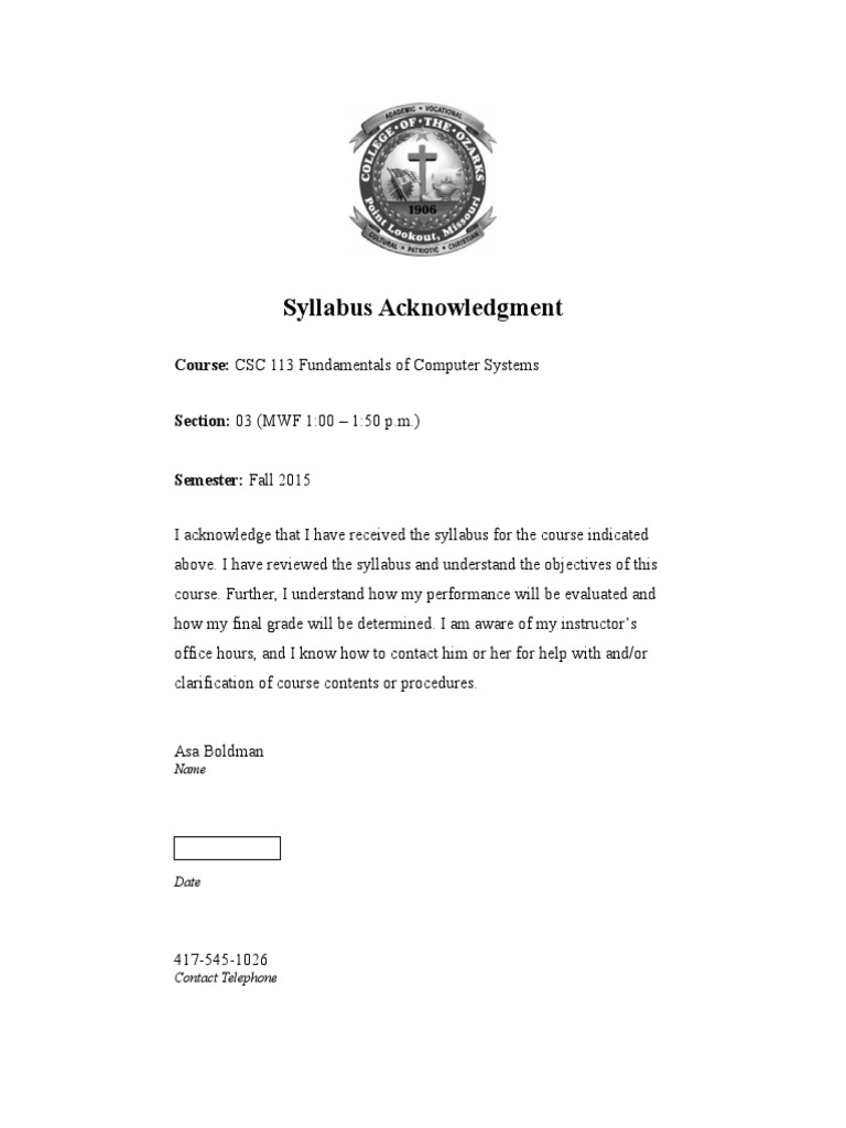 Boldman Syllabus Acknowledgement | PDF